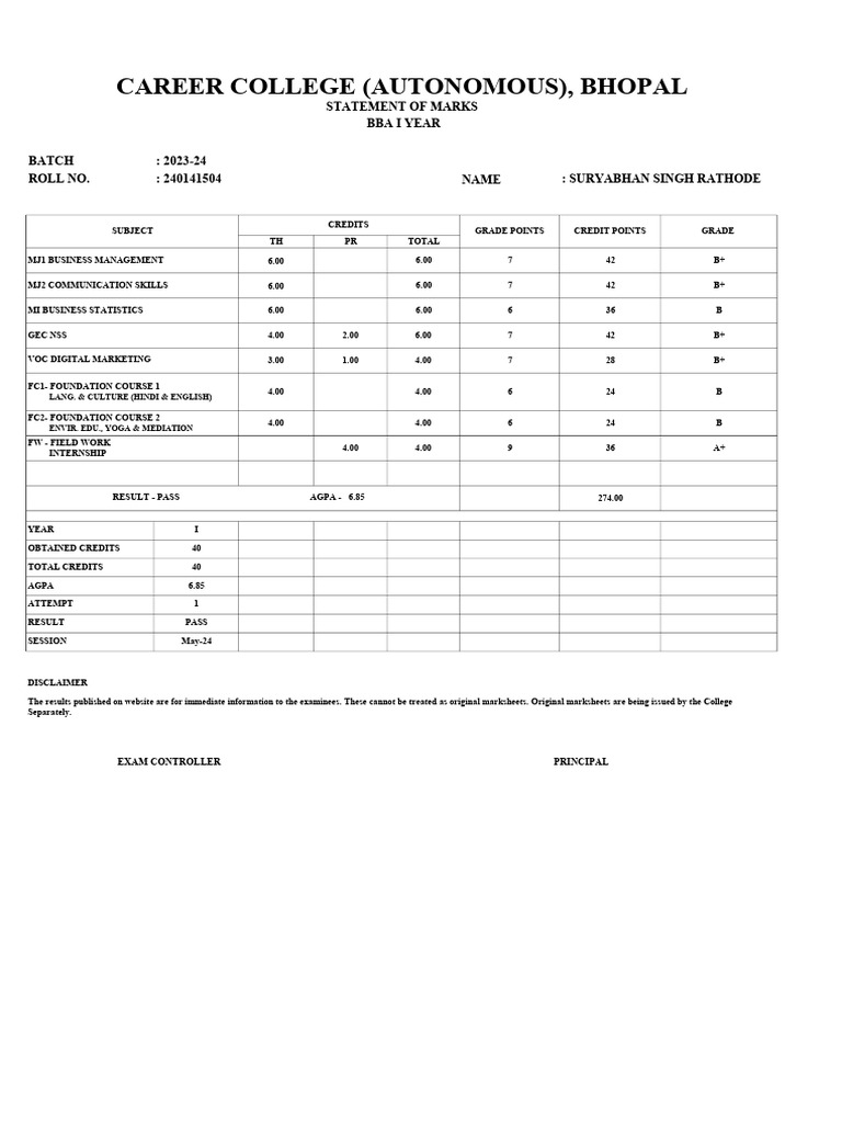 BBA I Year Marks Statement 2023-24 | PDF