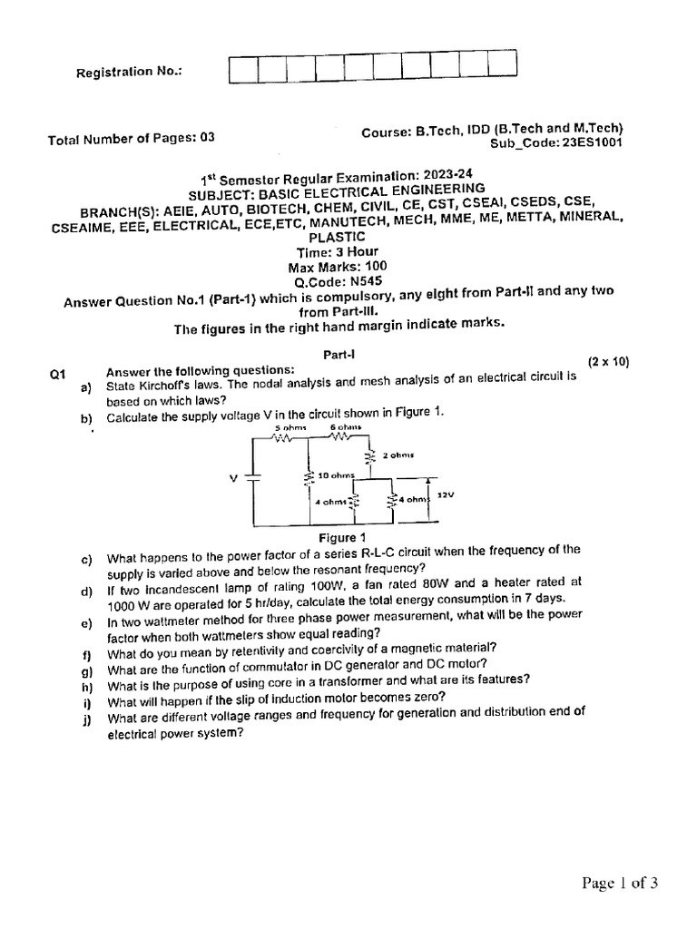 Btech Mtech 1 Sem Basic Electrical Engineering 23es1001 2024 | PDF