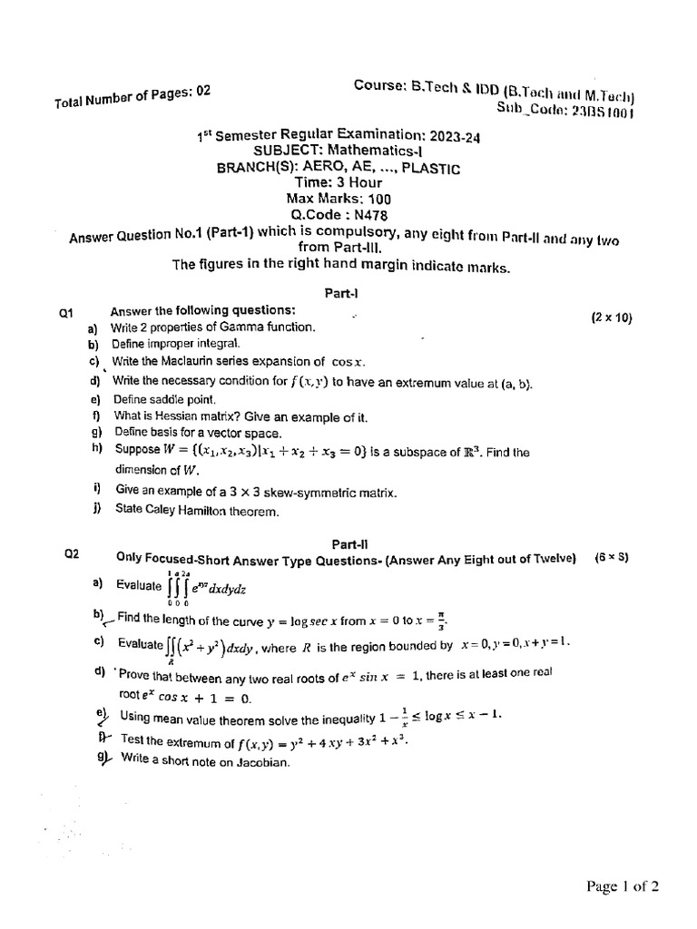 Btech Mtech 1 Sem Mathematics 23bs1001 2024 | PDF