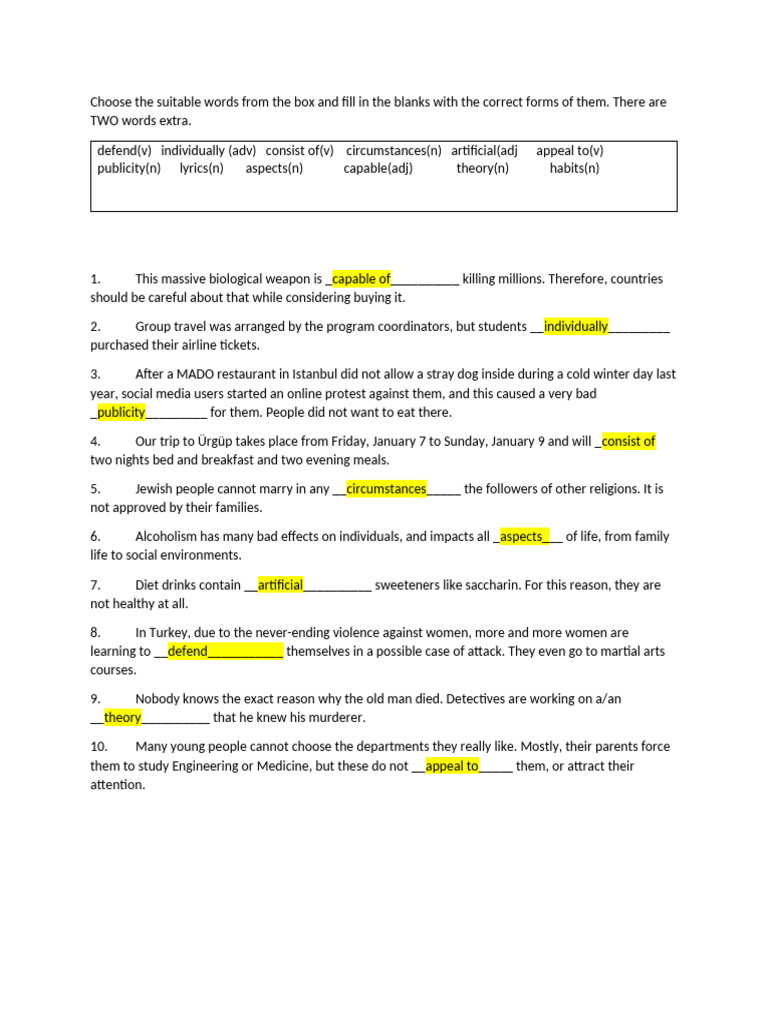 Vocab Revision -KEY | PDF