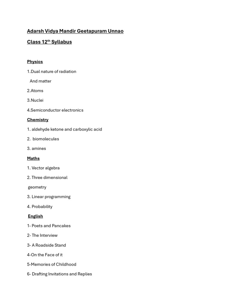 Class 12th UT 2 Syllabus | PDF