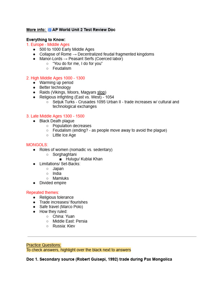 AP World Unit 2 - Mongols Test Review | PDF | Mongol Empire | Russia
