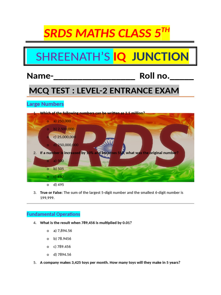 Class 5 Maths MCQ Online Test | PDF | Arithmetic | Mathematics