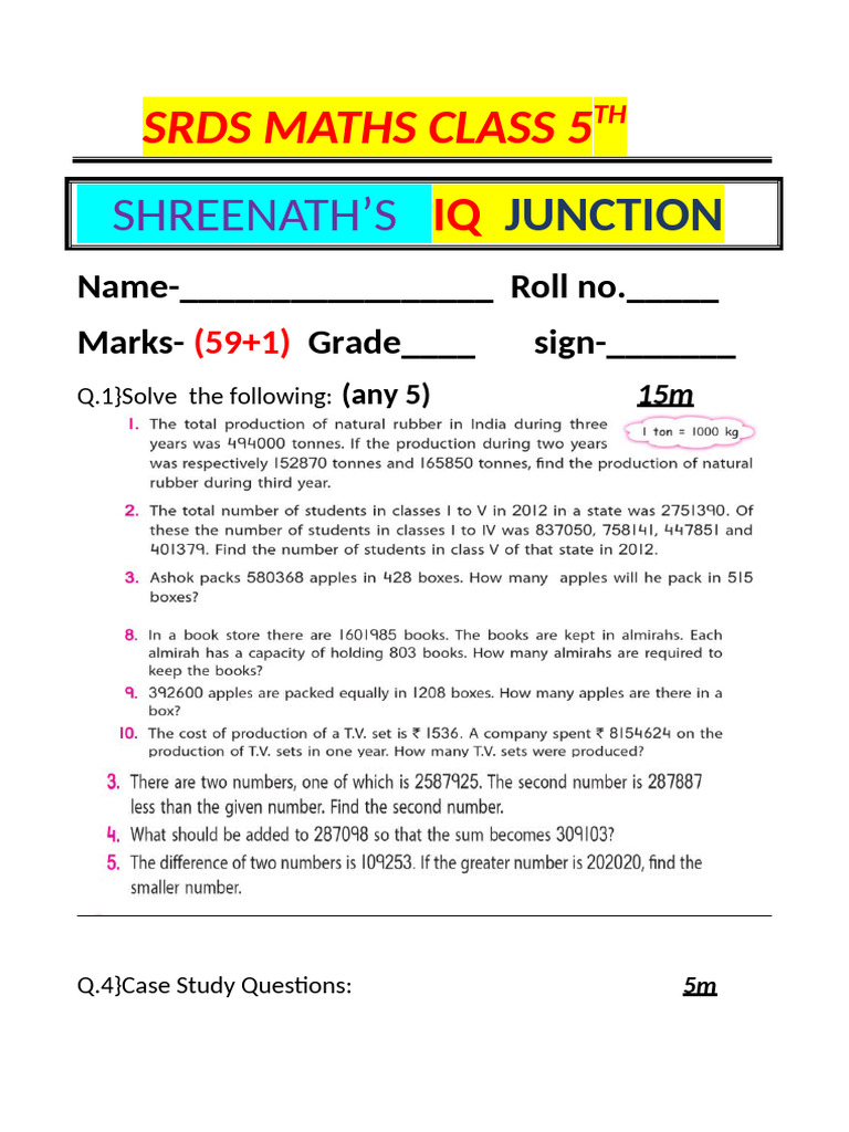 Srds Maths Class 5th Operations Test | PDF