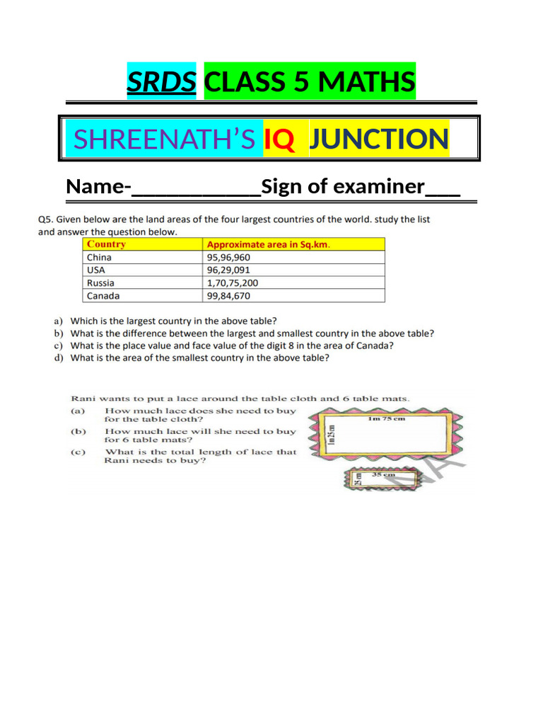 Srds Class 5 Maths Case Study Questions | PDF