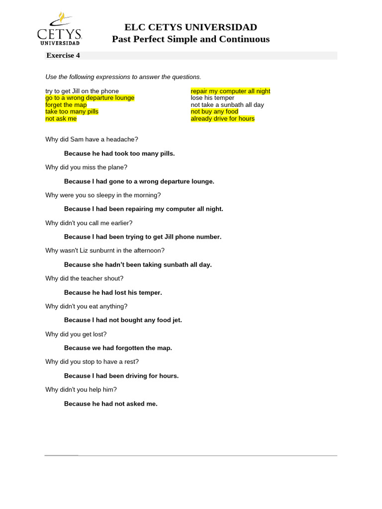 Past Perfect Exercise - English.2.1 | PDF