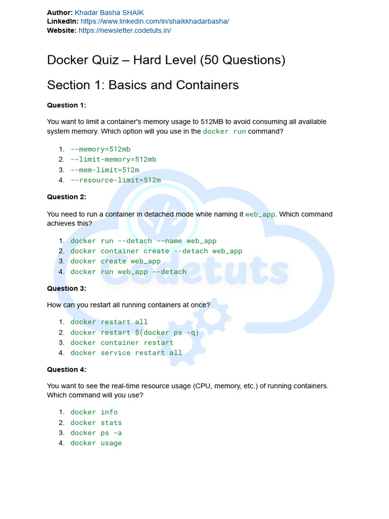 Docker Quiz - Hard Level (50 Questions) | PDF | Computing | Computer Architecture