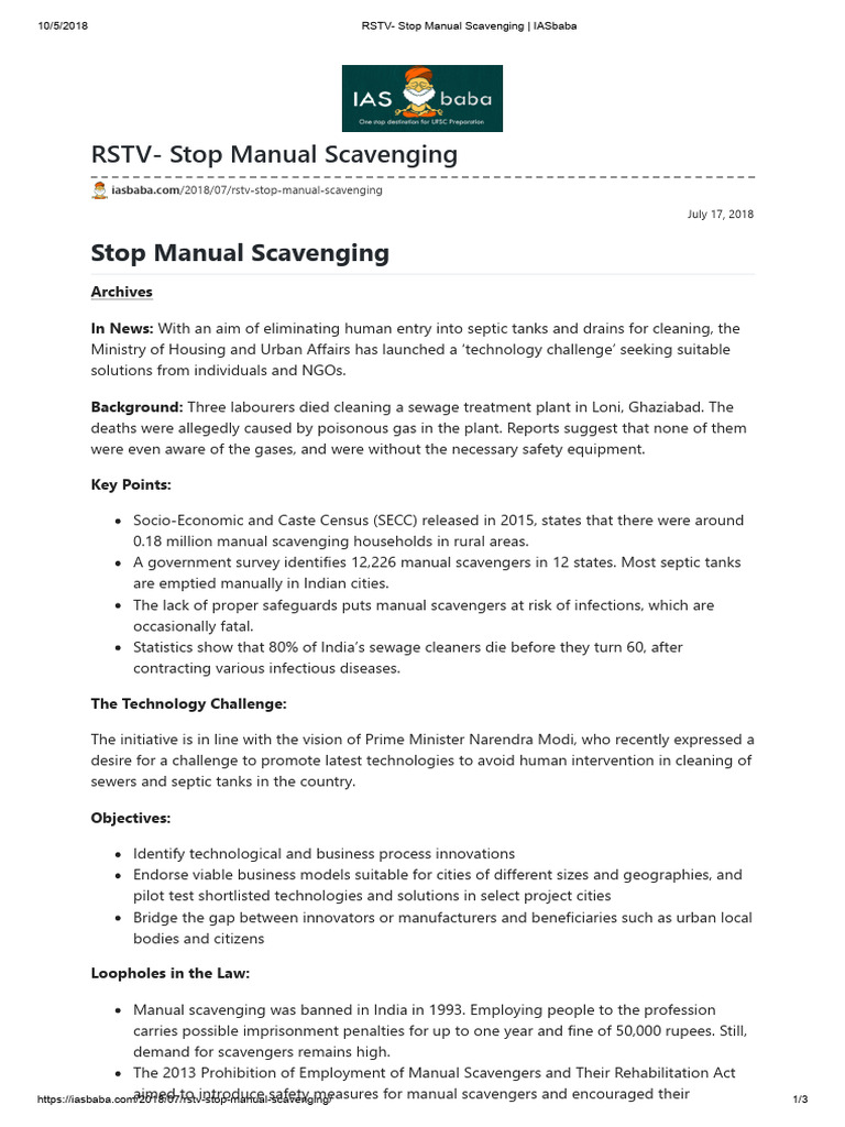 RSTV - Stop Manual Scavenging - IASbaba | PDF | Anaerobic Digestion ...
