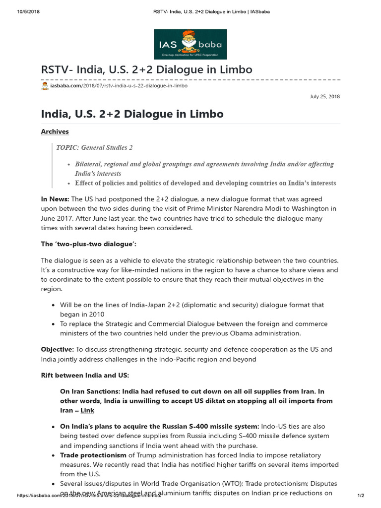 RSTV - India, U.S. 2+2 Dialogue in Limbo - IASbaba | PDF | Tariff ...