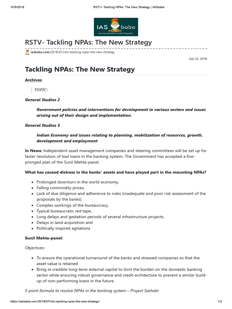 RSTV - Tackling NPAs - The New Strategy - IASbaba | PDF | Loans | Banks