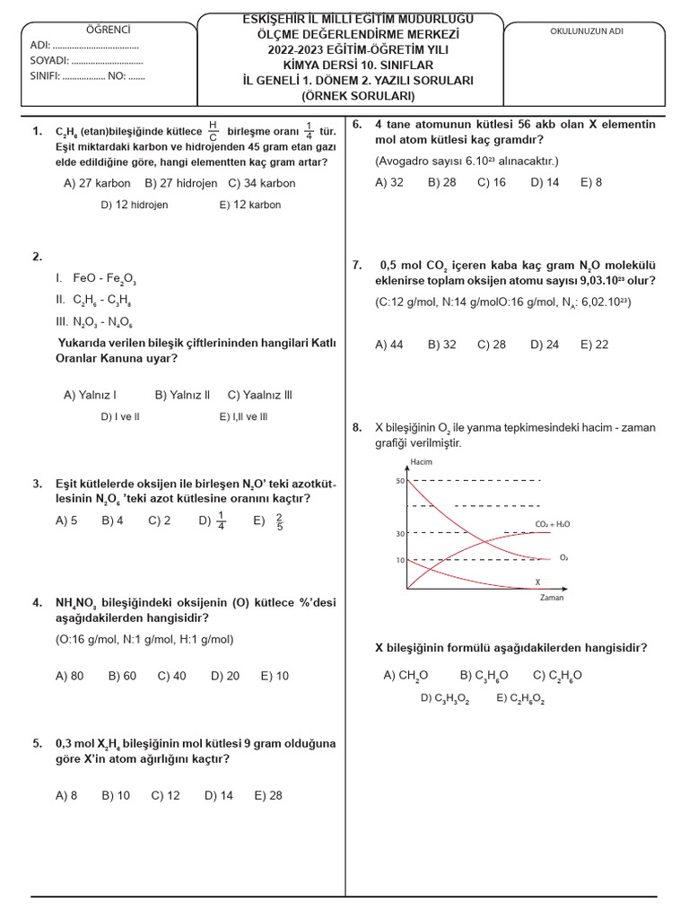 Sinif Kimya Dersi 1. Donem 2. Yazili Sorulari Ve Cevaplari | PDF