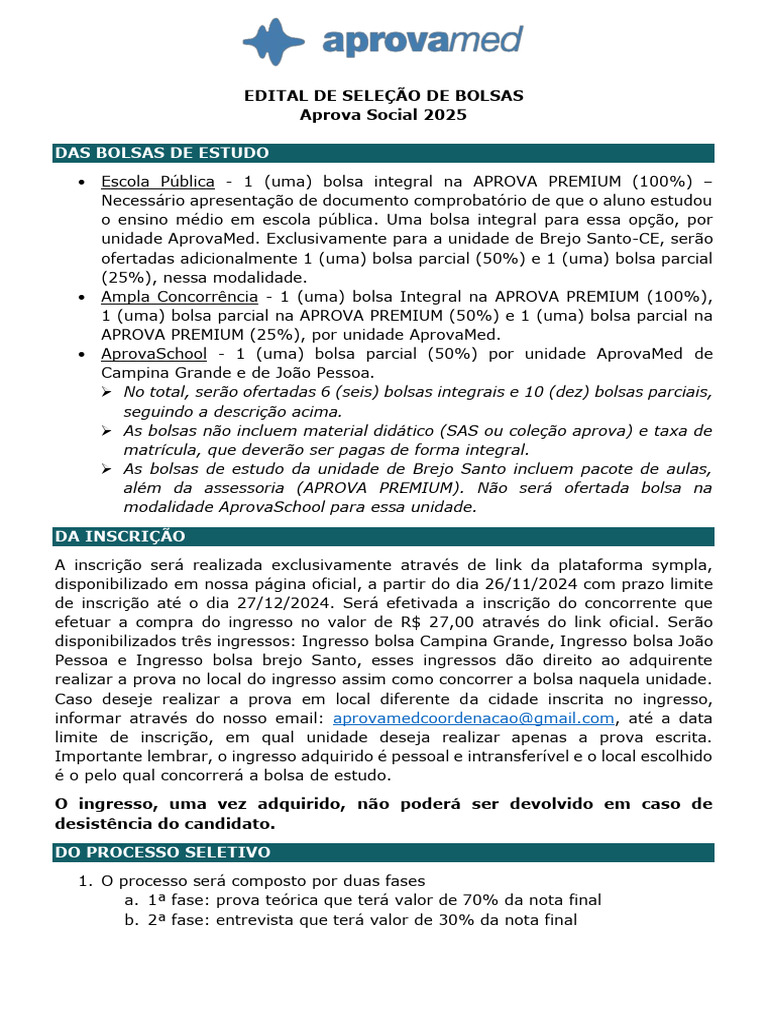 Edital de Seleção de Bolsas Aprova 2025 | PDF