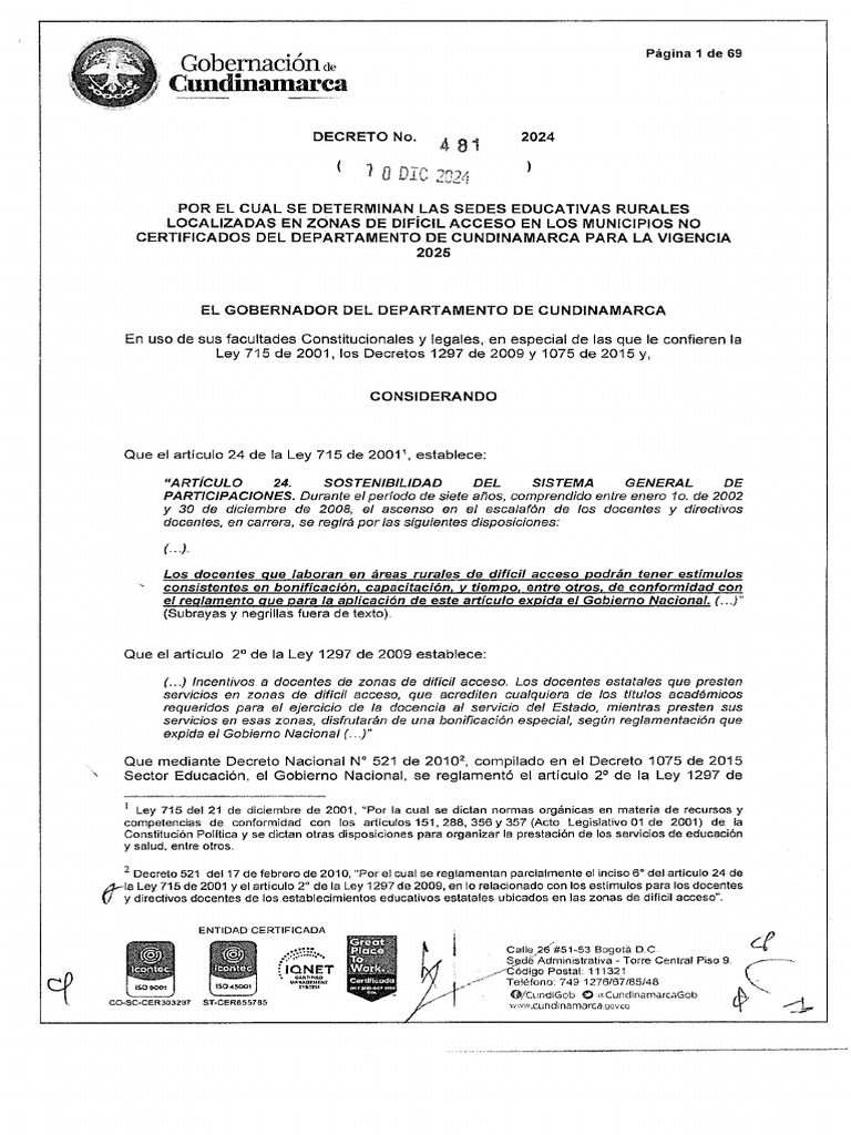 Decreto 481 de 2024 Zonas Educativas Rurales de Dificil Acceso Municipios No Certificados | PDF
