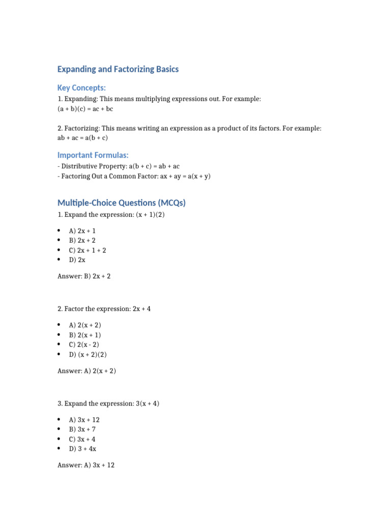 Expanding and Factorizing Basics | PDF