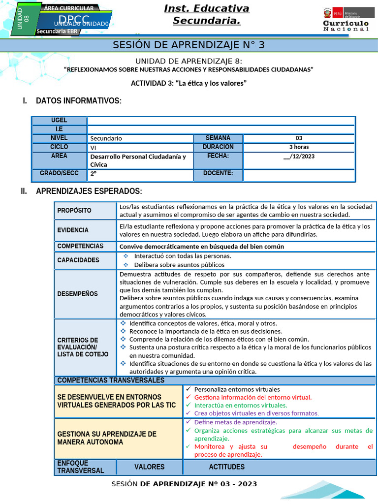 2º DPCC - Ses 3 Uni 8 - Sem 03 | PDF | Aprendizaje | Moralidad