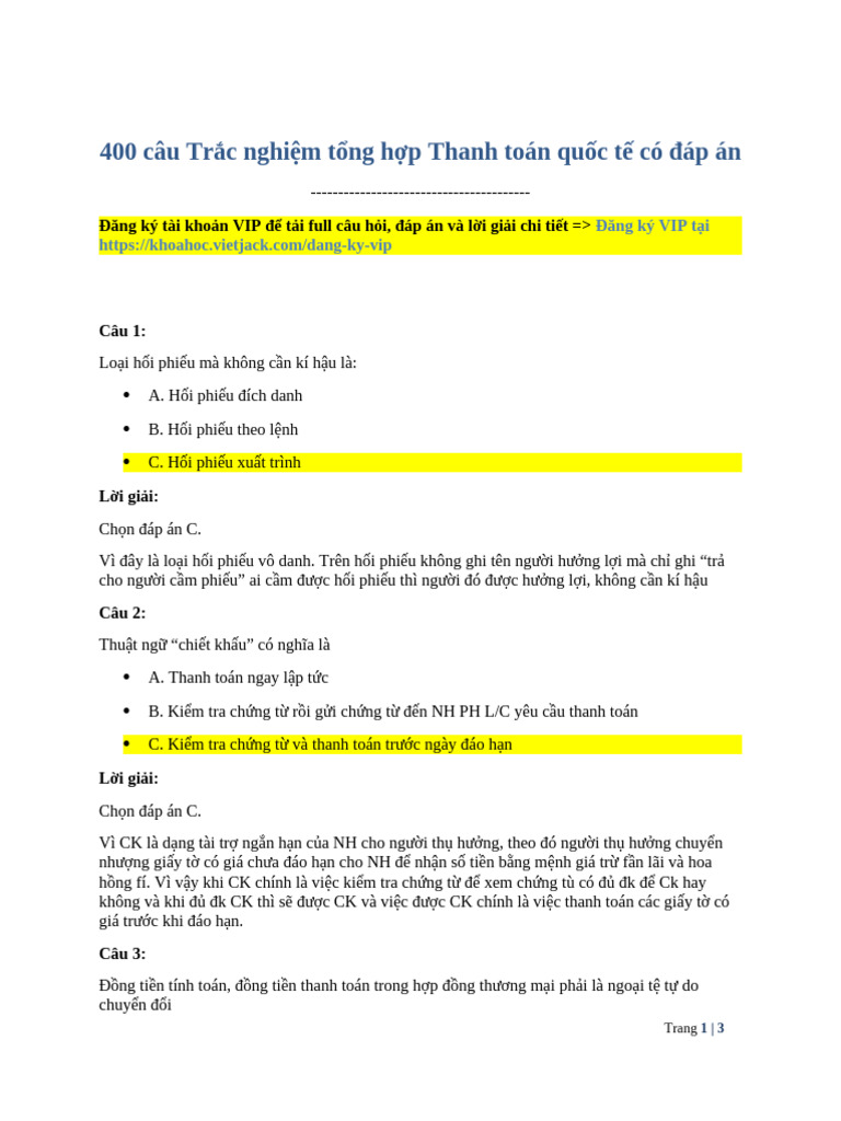 400 Cau Trac Nghiem Tong Hop Thanh Toan Quoc Te Co Dap An - 2024 - 12 ...