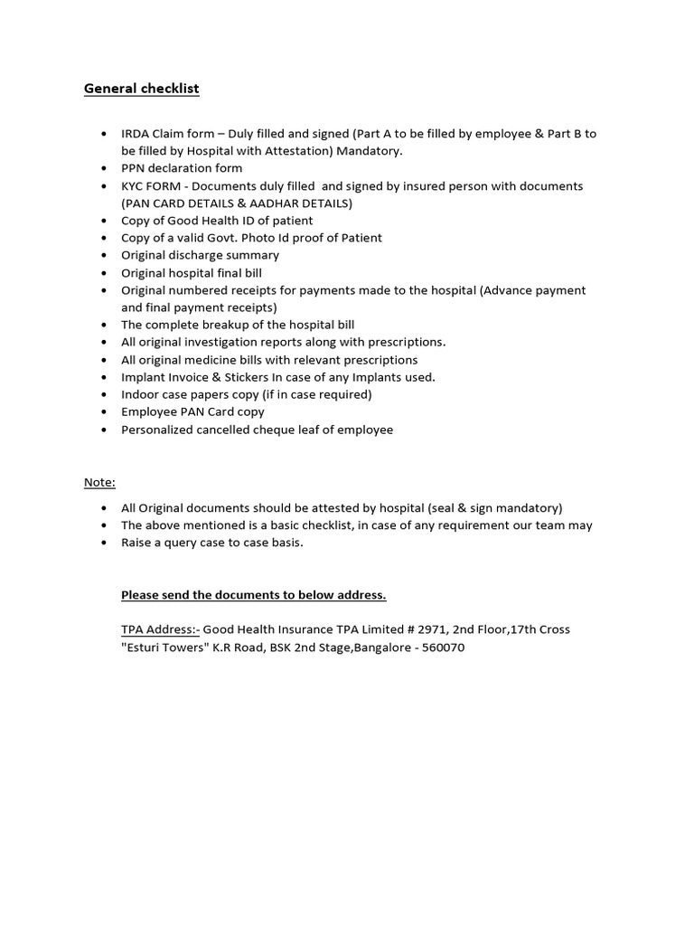 Insurance Claim Document Checklist | PDF