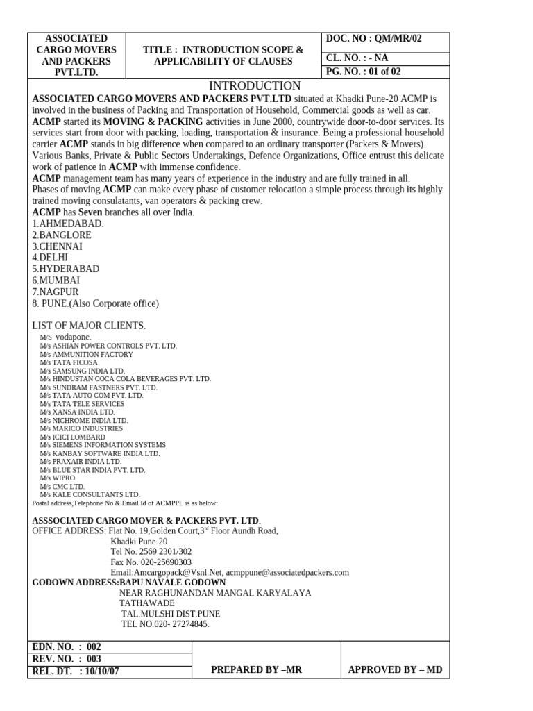 QM-MR-02 Introduction Scope & Applicability Clauses | PDF | Logistics ...