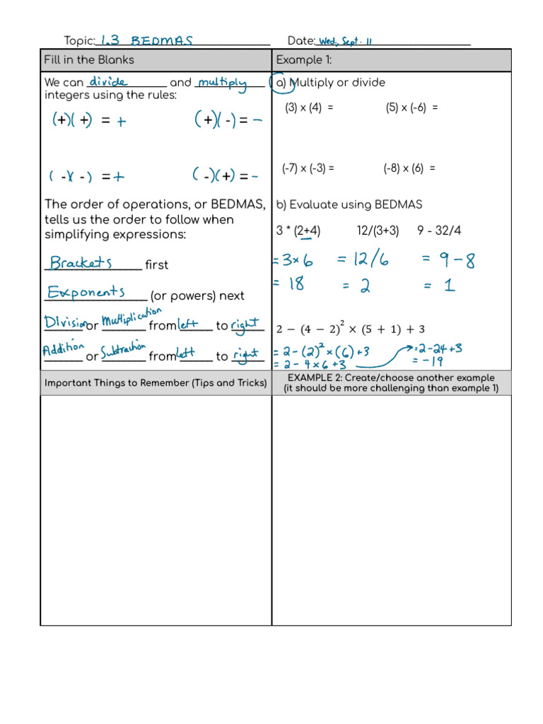 Kami Export - 1.3 Integers and BEDMAS Homework and Note | PDF