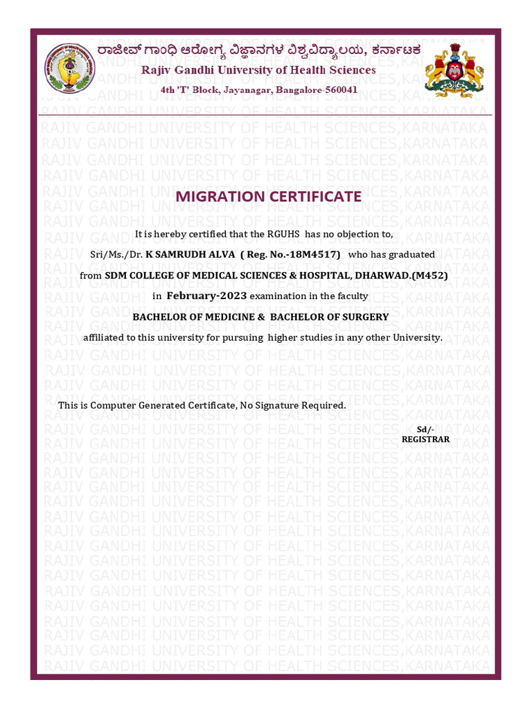 Migration Certificate RGUHS 2024 | PDF