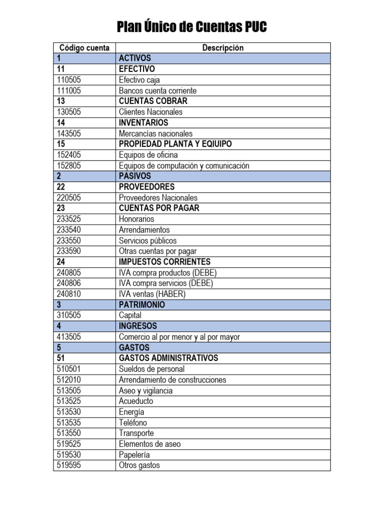 Plan Único de Cuentas PUC. | PDF