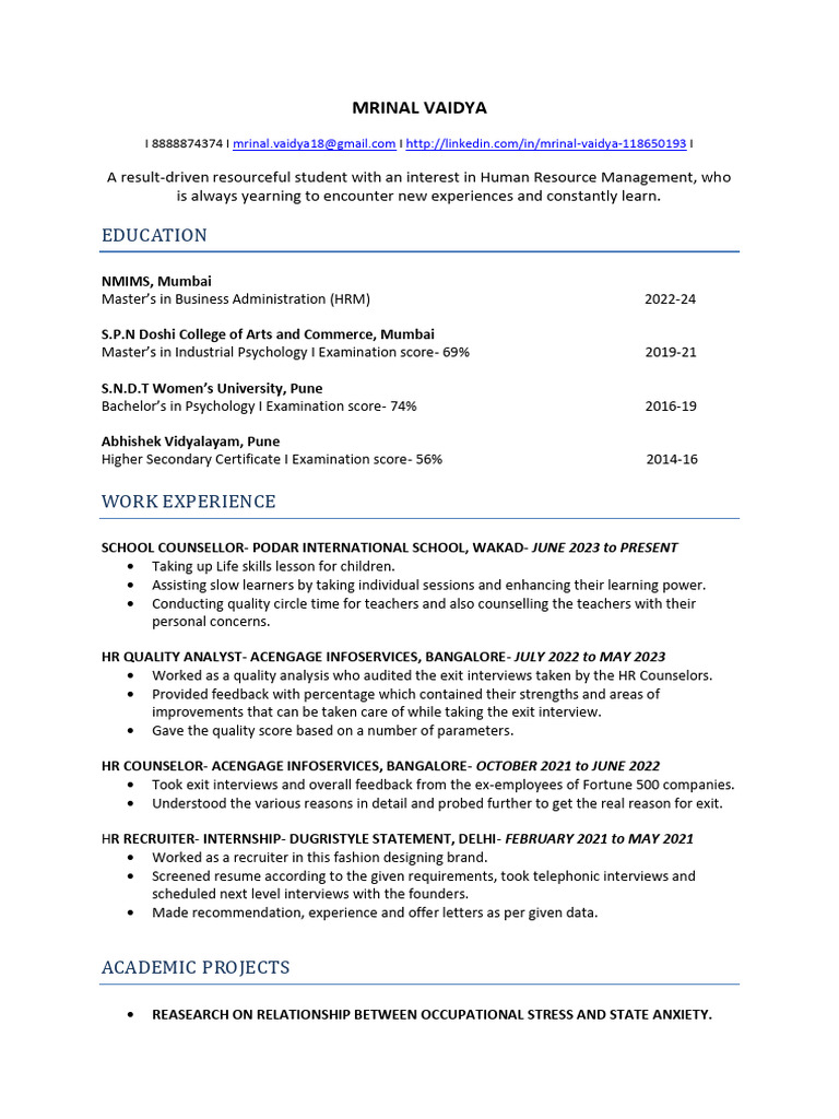 Resume-MRINAL VAIDYA 2 | PDF | Human Resource Management | Applied Psychology