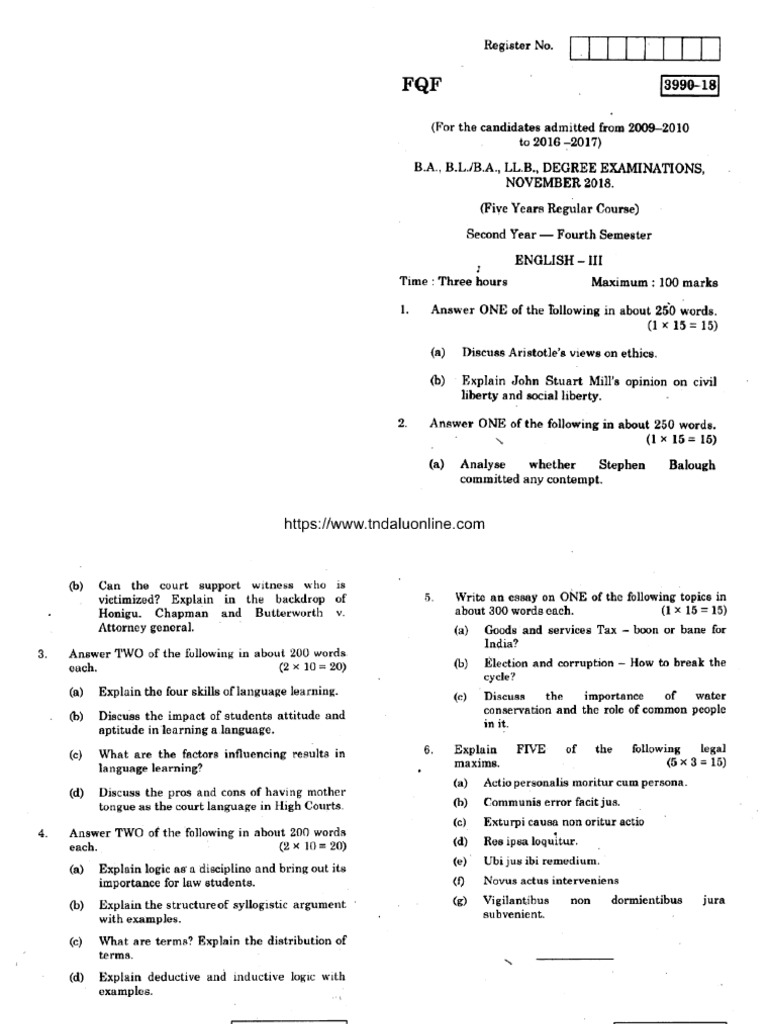 BA LLB 2nd Year English Exam Paper | PDF