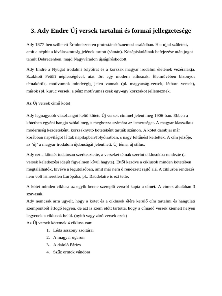 Ady Endre Új Versek Tartalmi És Formai Jellegzetesége | PDF
