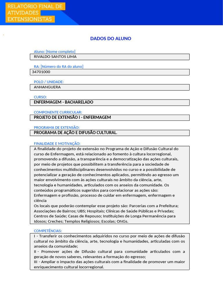 Proj Ext I - ENFERMAGEM Exemplo | PDF | Enfermagem | Odontologia