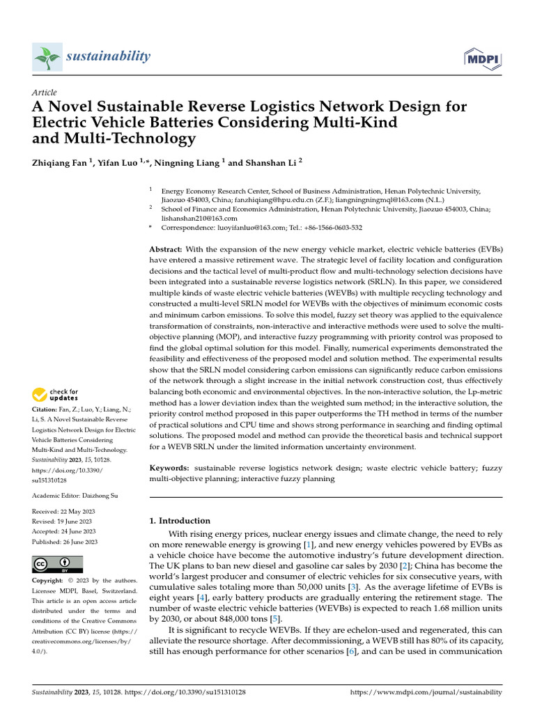 A Novel Sustainable Reverse Logistics Network Design for Electric Vehicle Batteries Considering ...