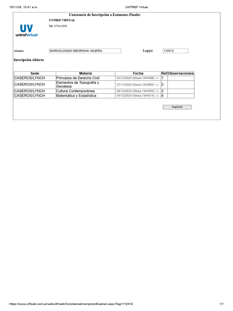 Constancia Inscripción Exámenes UNTREF | PDF