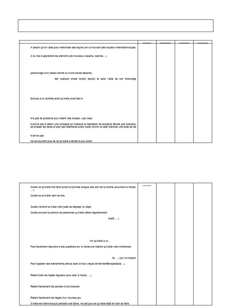 Questionnaire sur la mémoire des enfants | PDF | Échecs