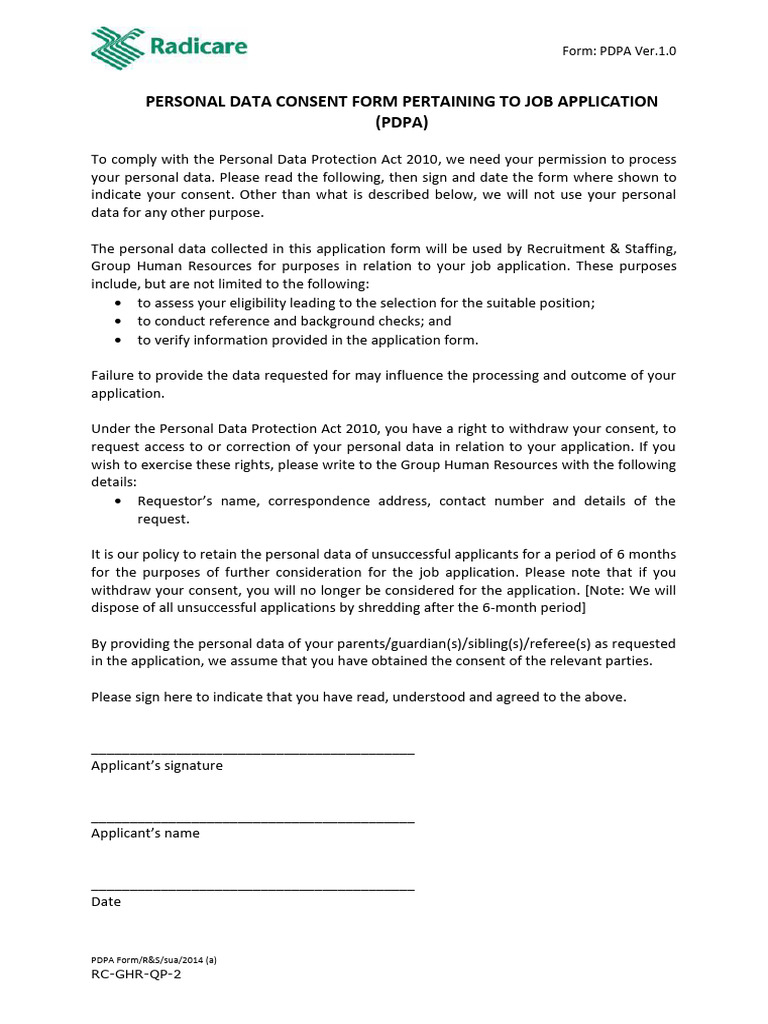 PDPA Consent Form for Job Applicants | PDF