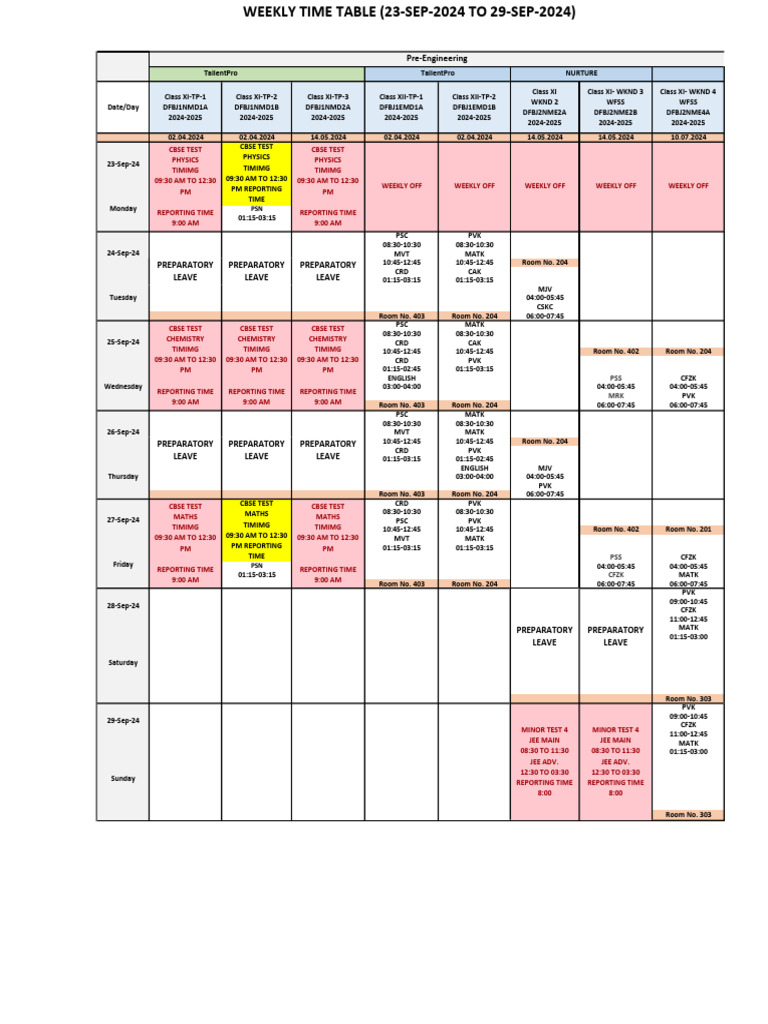 Weekly Time Table: 23-29 Sep 2024 | PDF