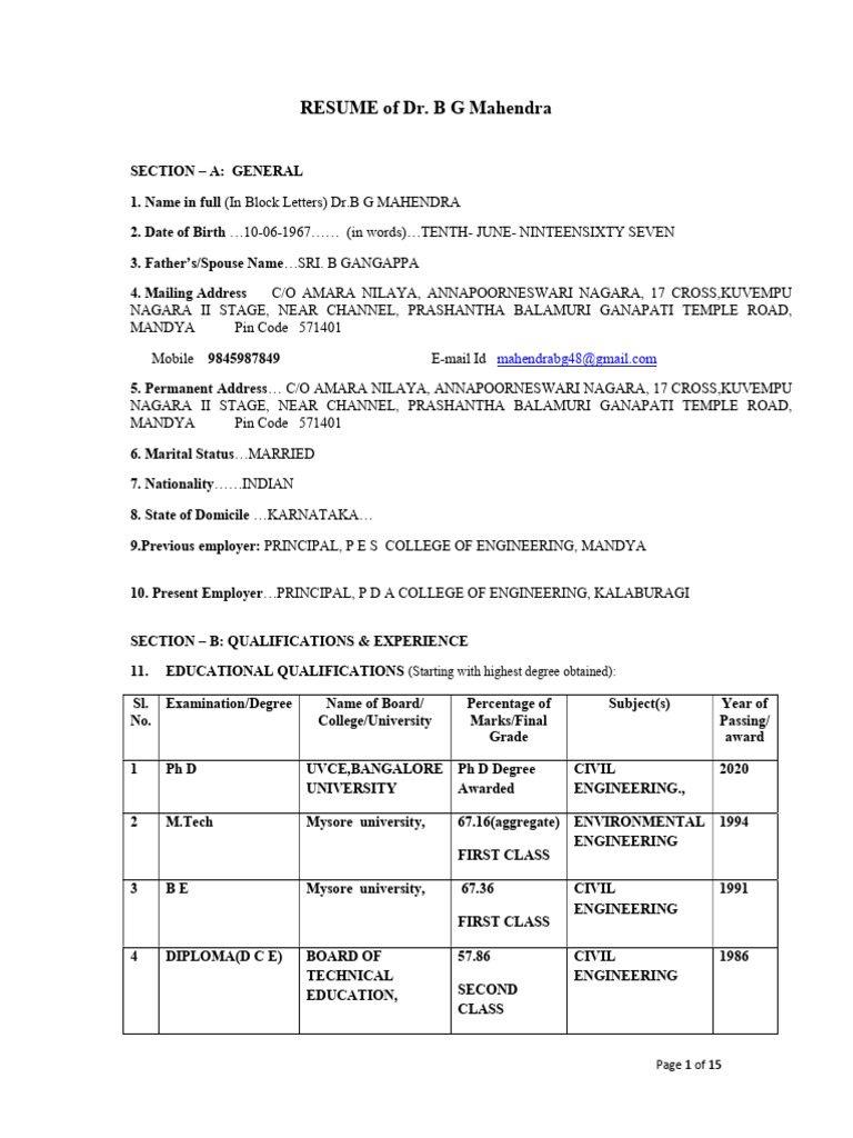 Civil DR Mahendra B G Resume | PDF | Materials | Pollution