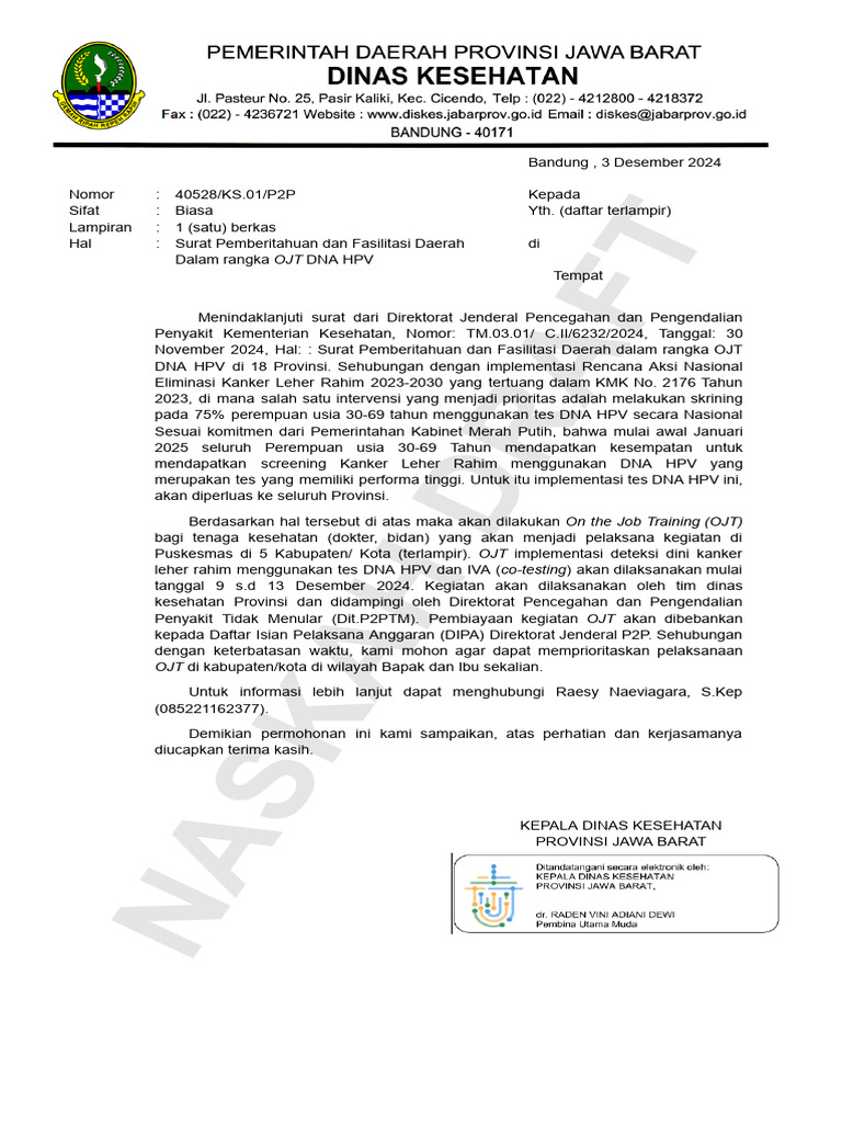 Surat Pemberitahuan Pelaksanaan HPV Dna Draft 2024 | PDF