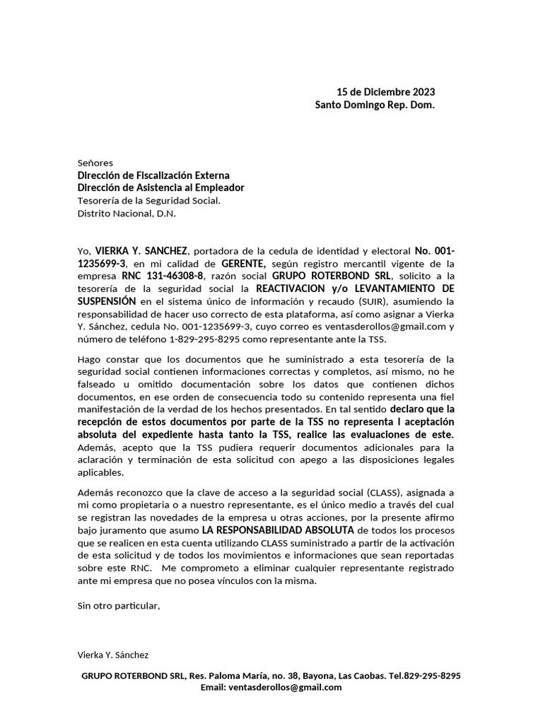 Solicitud de Reactivación TSS Grupo Roterbond | PDF