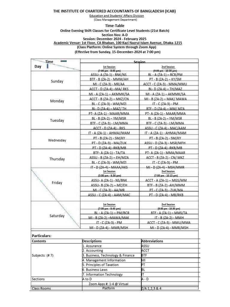 (Set-2), Time - Table (Master Schedule) For CL (21B), Session - Dec ...