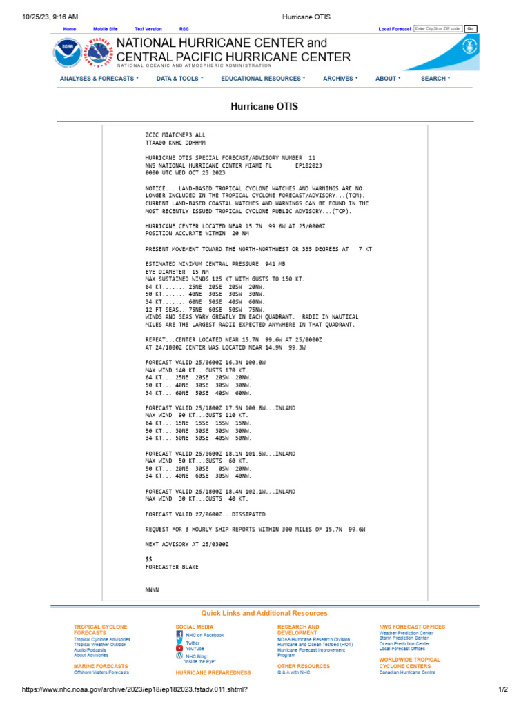 Hurricane OTIS-Advisory 11 | PDF | Tropical Cyclones | Synoptic ...