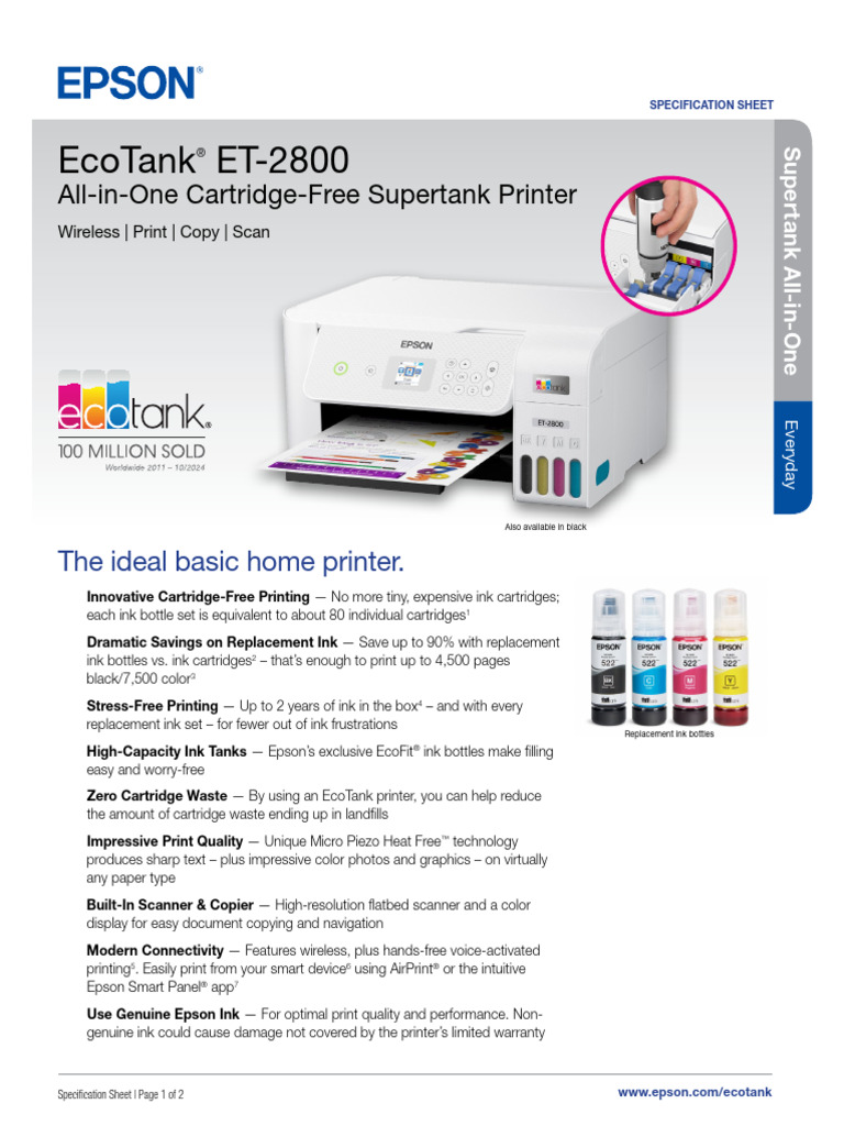 EcoTank ET-2800 Printer Specification Sheet CPD-61360R2.PDF | PDF | Printer (Computing) | Image ...