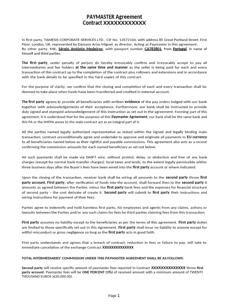 Paymaster Agreement Overview | PDF | Indemnity | Private Law