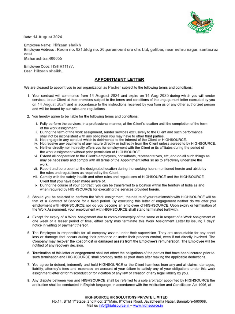 Hifzaan Shaikh - Offer Letter | PDF | Employment | Contractual Term