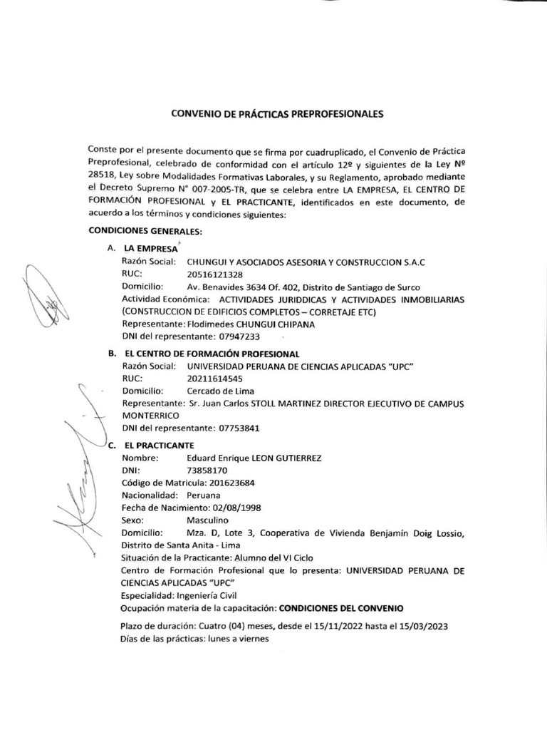 Convenio de practicas preprofesionales | PDF