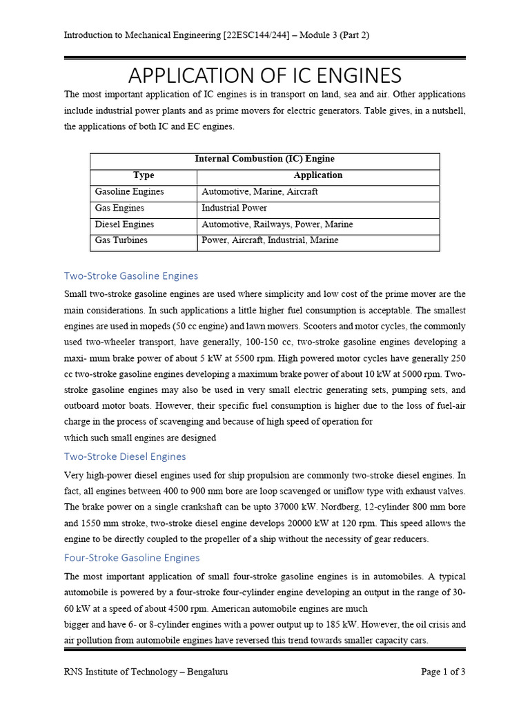 22ESC144_Module_3_Part_1_Applications of IC Engines | PDF | Engines | Diesel Engine
