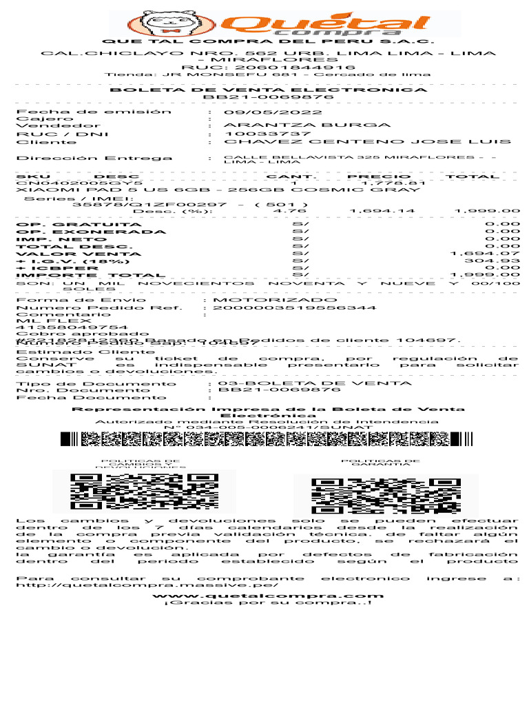 Boleta de Venta Electrónica - Xiaomi Pad 5 | PDF
