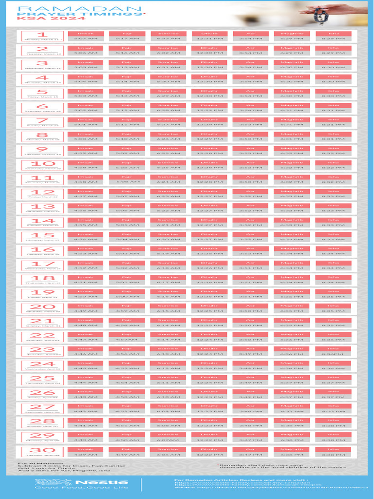 Ramadan Prayer Timing KSA 2024 EN | PDF | Sharia | Prayer