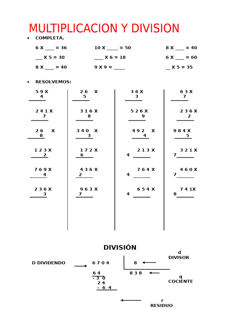 Multiplicacion y Division para Tercer Grado de Primaria | PDF ...