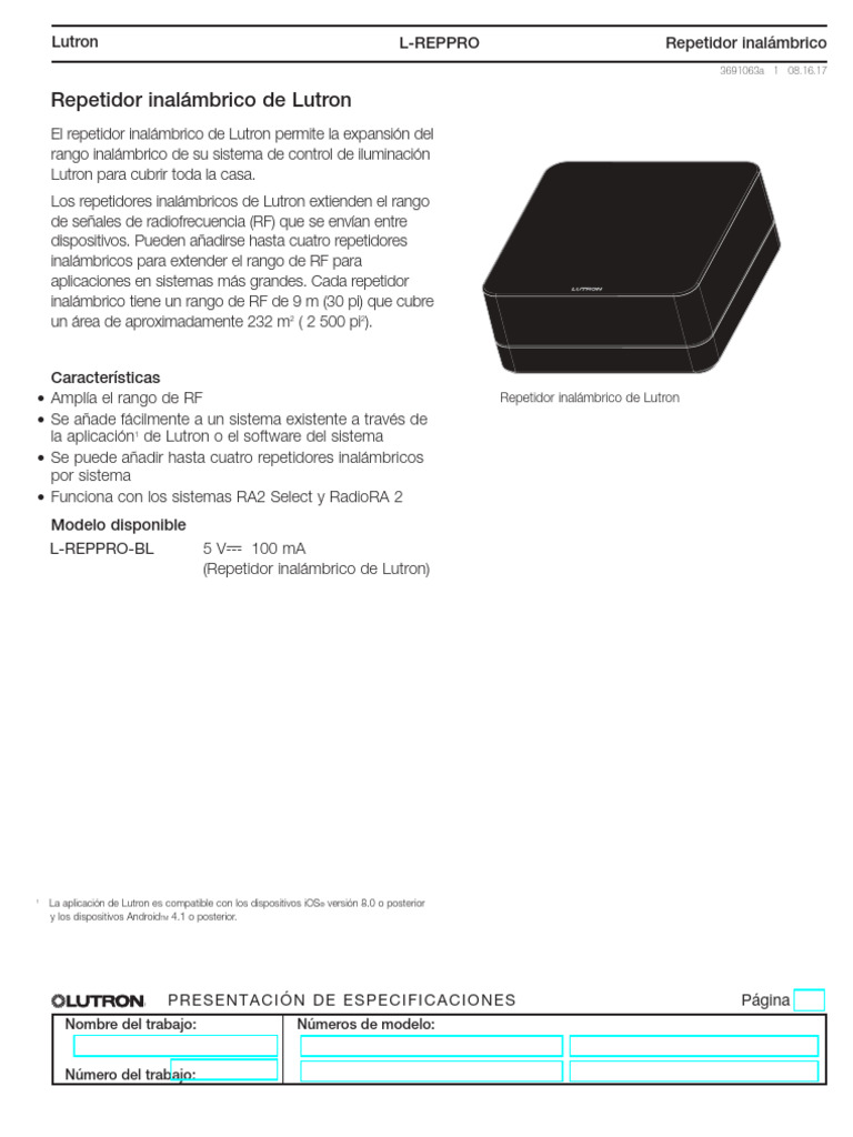 Ficha T C3 A9cnica Repetidor Inal C3 A1mbrico de Lutron | PDF ...