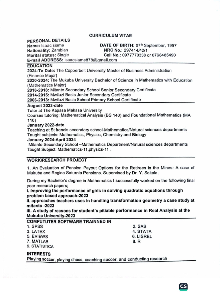 Isaac Siame CV | PDF