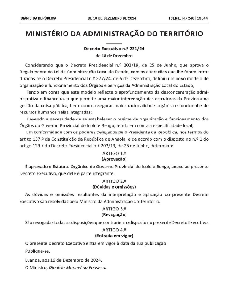 Estatuto Organico Da Provincia Do Iclo e Bengo | PDF